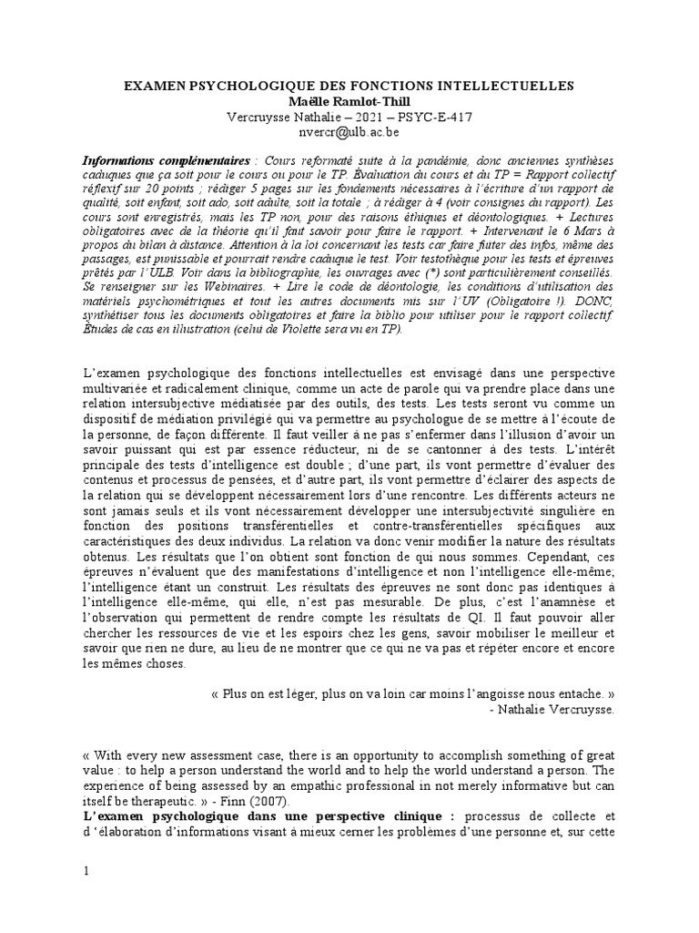 Examen Psychologique Des Fonctions Intellectuelles | PDF | Psychologie | Intelligence