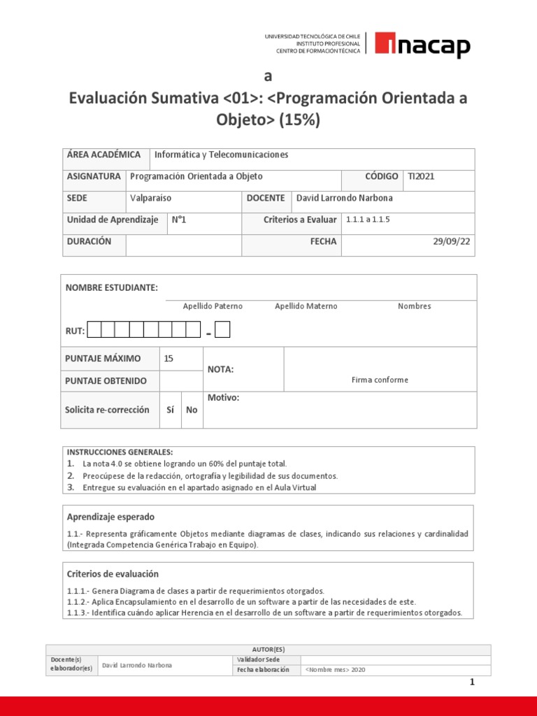 Evaluación de programación orientada a objetos sobre herencia, encapsulamiento y diagrama de ...