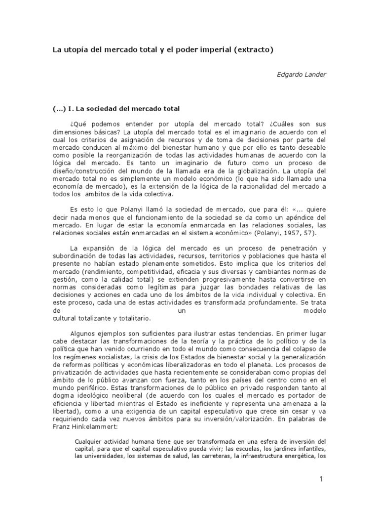 Edgar Lander - La Utopía Del Mercado Total y El Poder Imperial | PDF