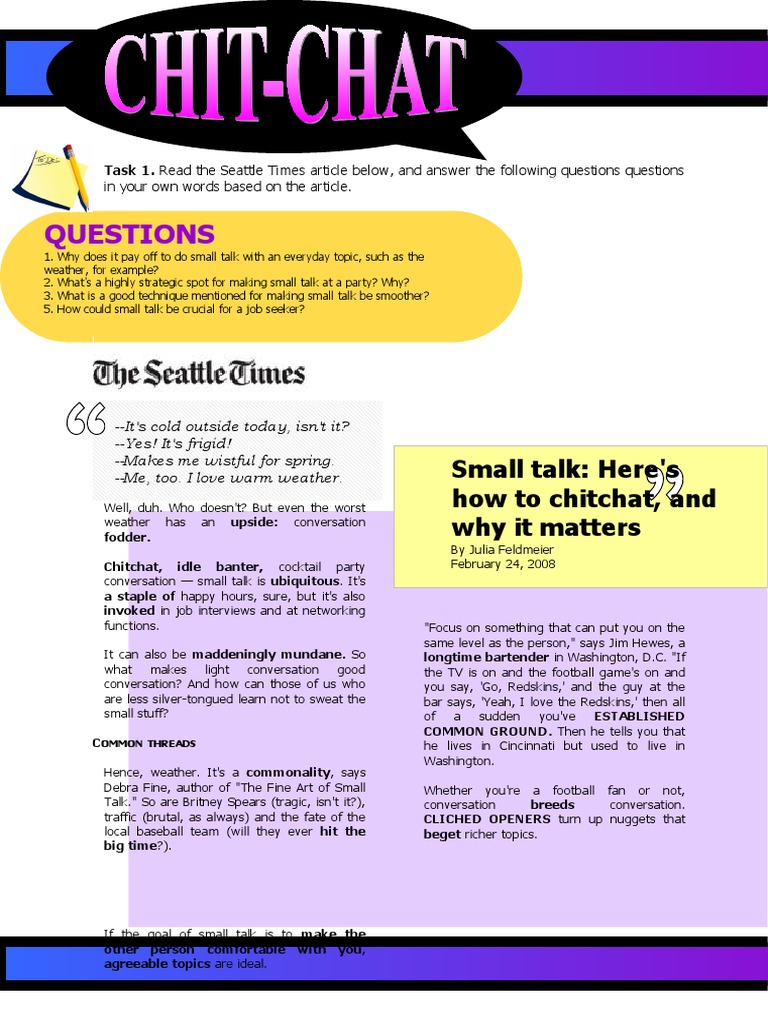 Small Talk The Seattle Times Reading Comprehension Exercises - 173 ...