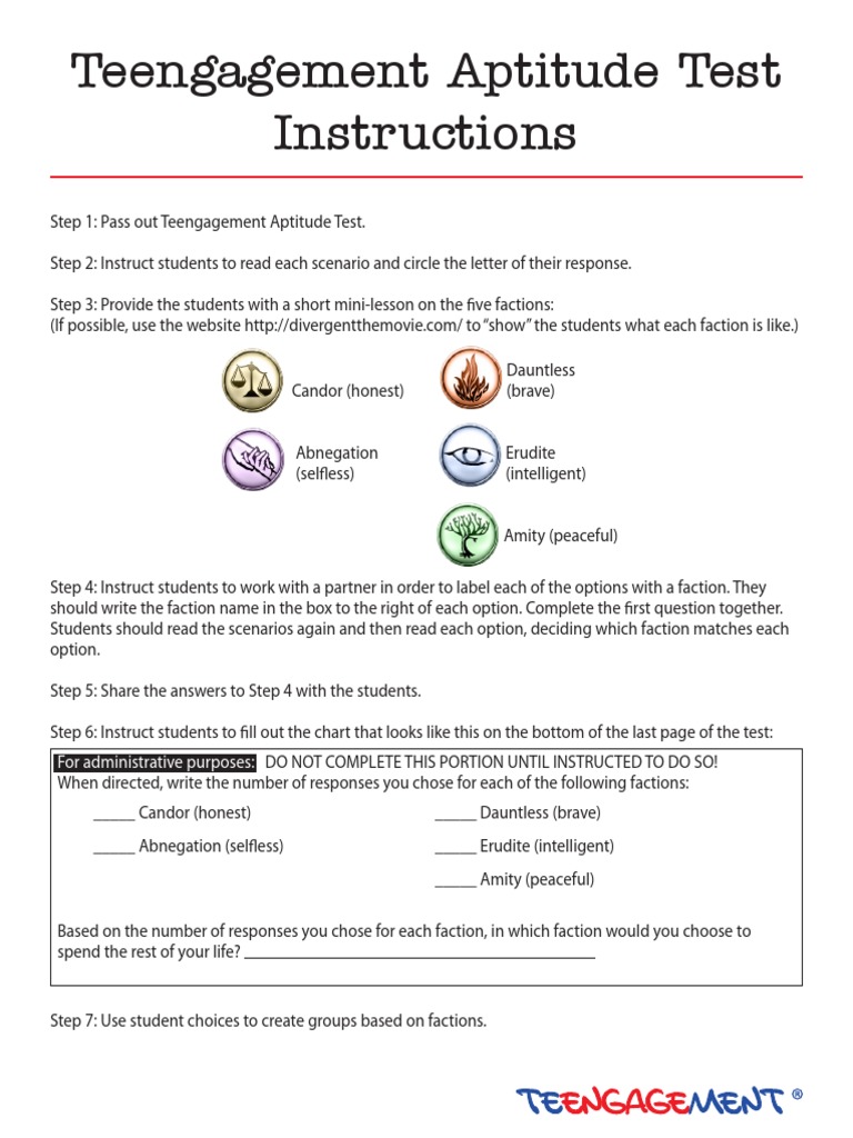 Teengagement Aptitude Test Divergent Unit 1 | PDF