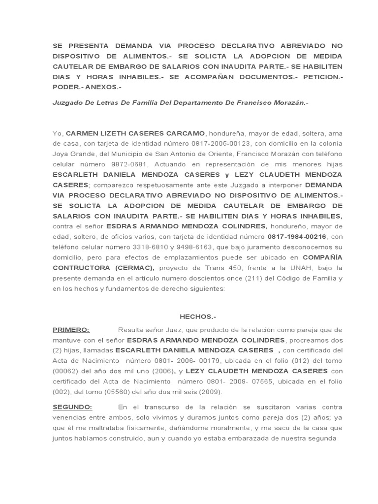 Alimentos Lizeth Caceres Inaudita Parte | PDF | Demanda judicial | Honduras
