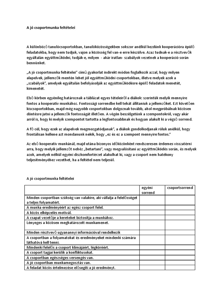 A Jó Csoportmunka Feltételei - Sorrend - Gyakorlat | PDF