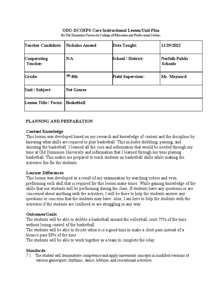 Basketball Skills Relay Lesson Plan | PDF