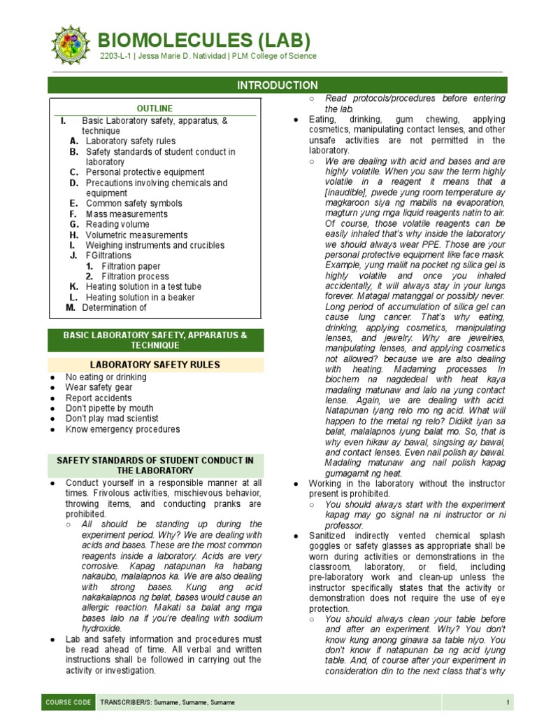 BIOCHEM LAB - Introduction To Biochemistry | PDF | Filtration ...