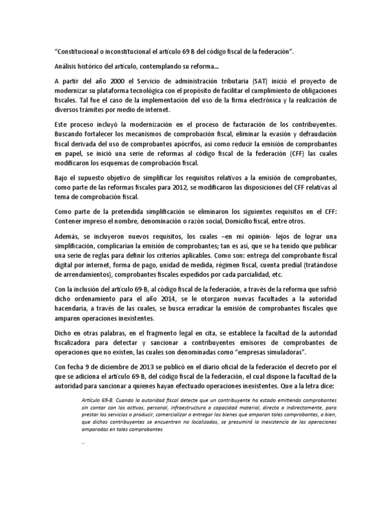 Constitucional o Inconstitucional El Artículo 69 B Del Código Fiscal de ...