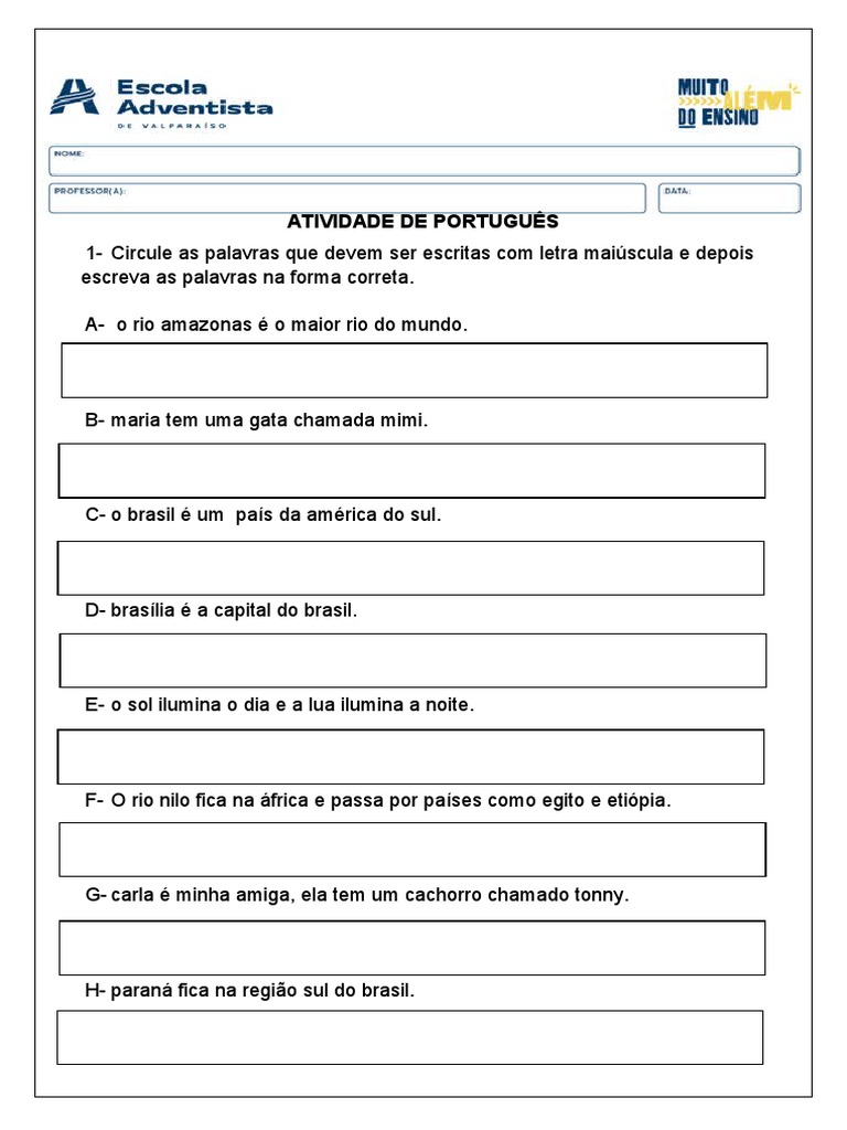 Atividade de Português - Letra Maiúscula | PDF