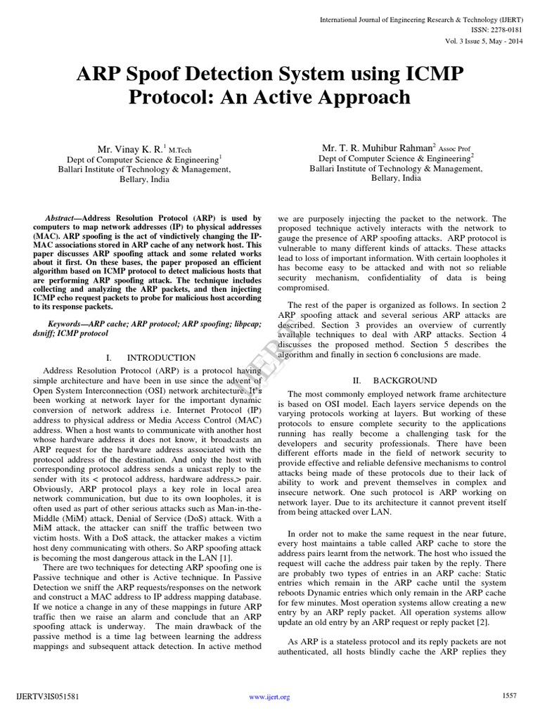 Arp Spoof Detection System Using Icmp Protocol An Active Approach Ijertv3is051581 Pdf 