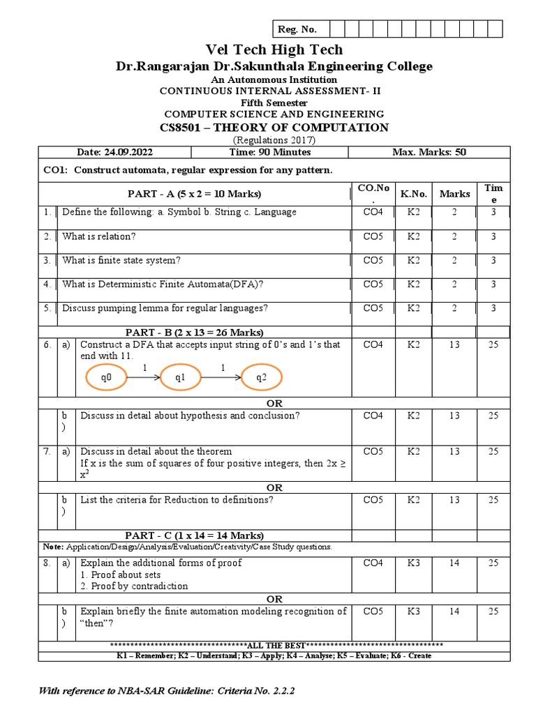 CIA - II - Cs8501 - Theory of Computation - CIA I - Set A | PDF | Automata Theory | Mathematical ...