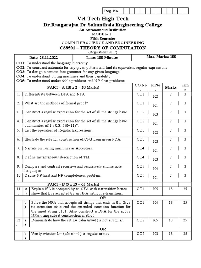 Iii Cse Ay 2022-2023 Odd Sem Model - I Set - 1 | PDF | Formal Methods | Computer Science