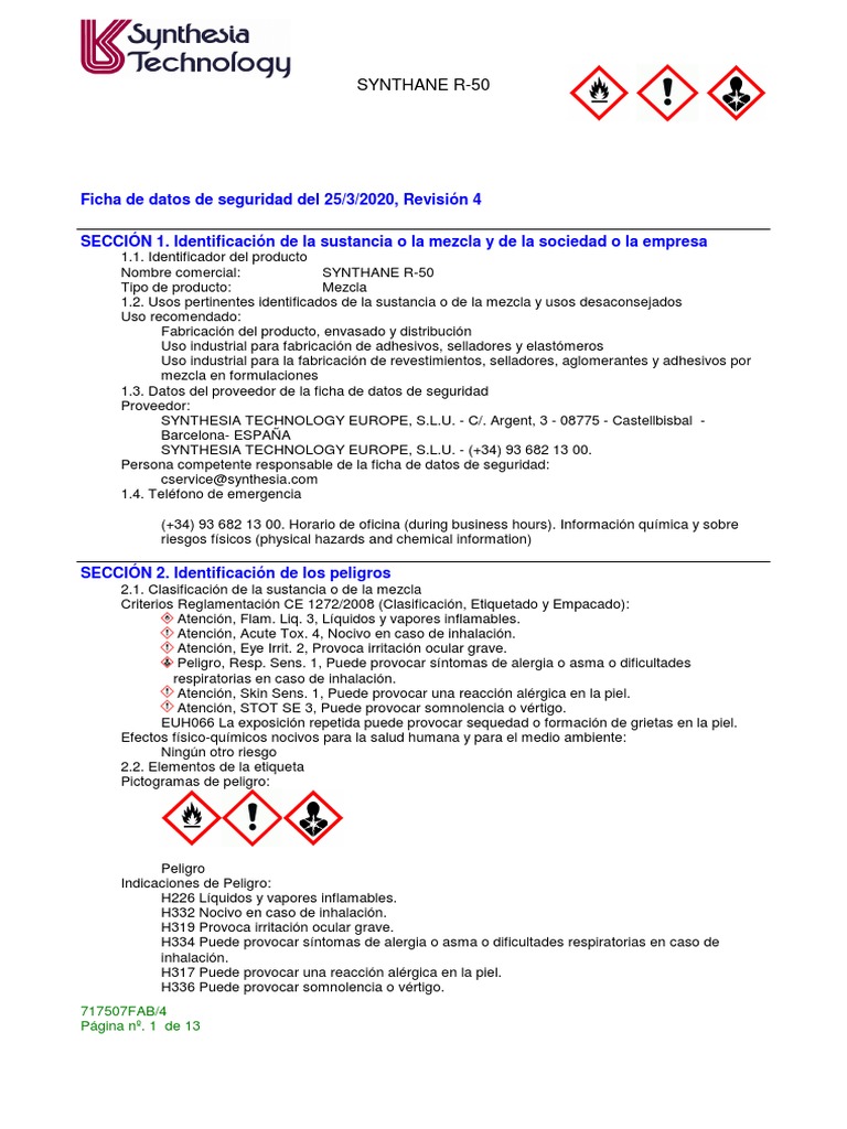 Ficha de Seguridad Synthane R-50 | PDF | Agua | Alergia