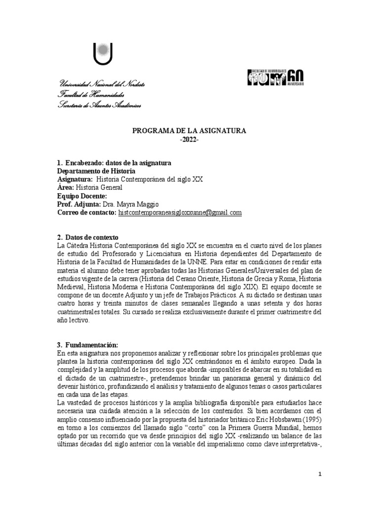 Programa Historia Contemporánea Del Siglo XX - 2022 | PDF | Prueba ...