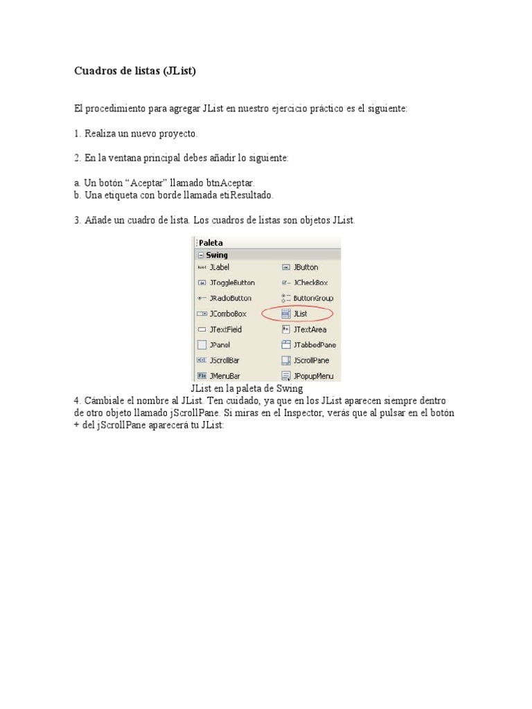 Guía Práctica de JList en Java Swing | PDF | Informática | Programación de computadoras
