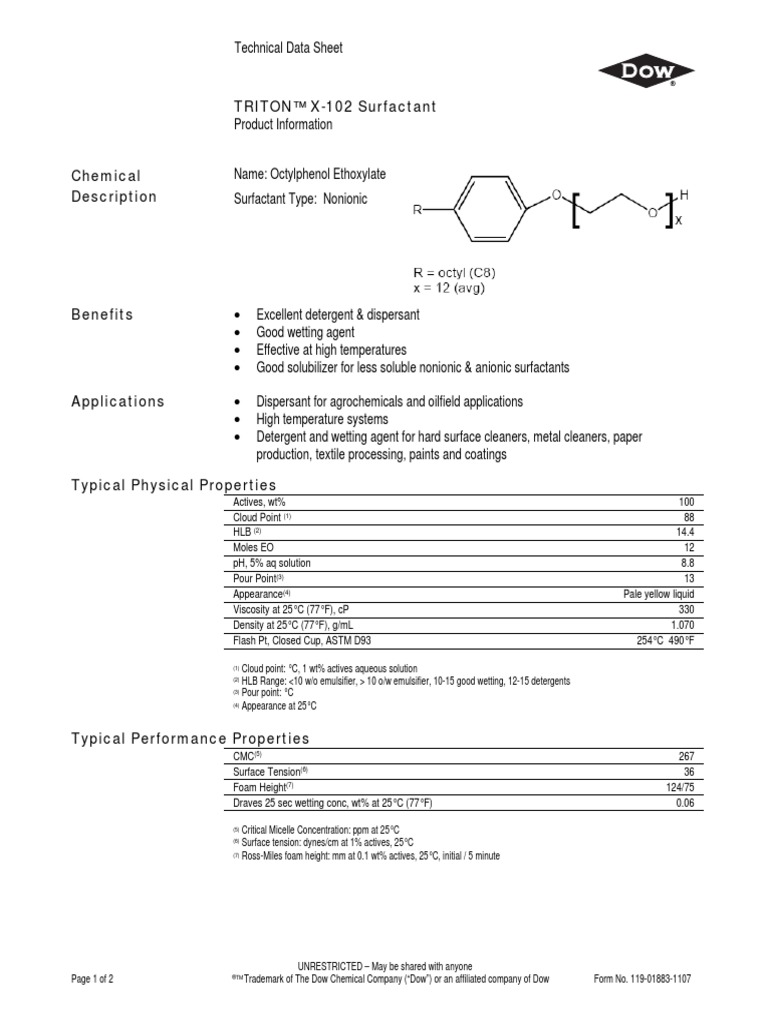119 01883 01 Triton x102 Surfactant Tds | PDF | Surfactant | Detergent
