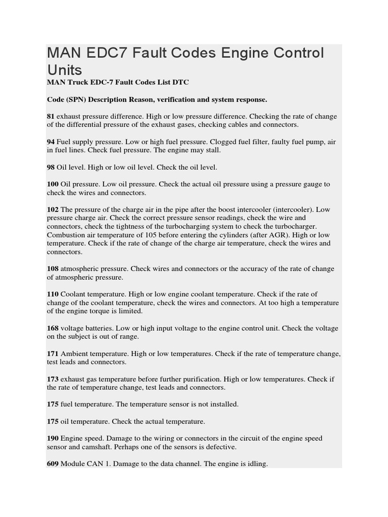 MAN EDC7 Fault Codes Engine Control Units | PDF | Home & Garden | Technology & Engineering