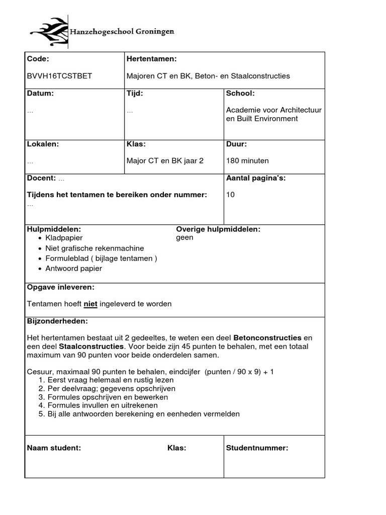 Oefententamen Tandc 2 2 Beton En Staalconstructies Pdf