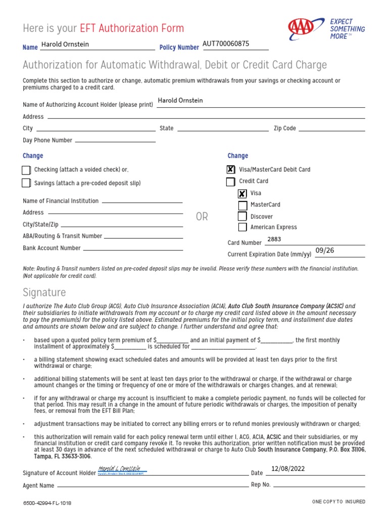 EFT Authorization Form for Premium Payments | PDF | Credit Card | Debit ...