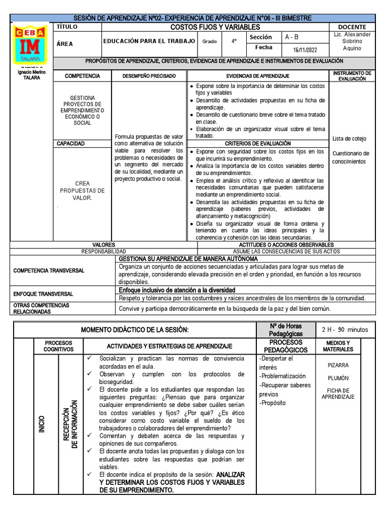 SESIÓN DE APRENDIZAJE Nº02 - EPT CEBA IGNACIO MERINO - EDA N°06 18 de Octubre | PDF | Evaluación ...