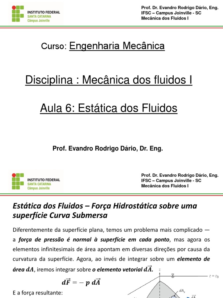 MecFlu I - Aula 6 - Estática Dos Fluidos | PDF | Curva | Vetor euclidiano