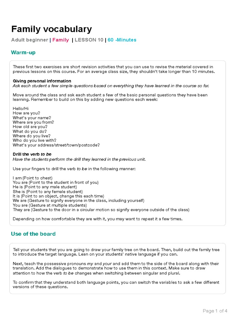 Family Vocabulary Lesson Plan | PDF