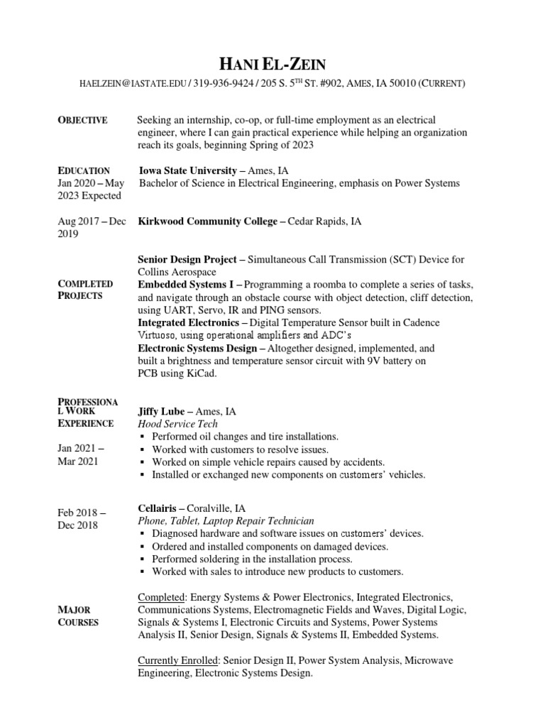 Hani El-Zein Resume Updated Senior | PDF | Electronics | Electronic Circuits
