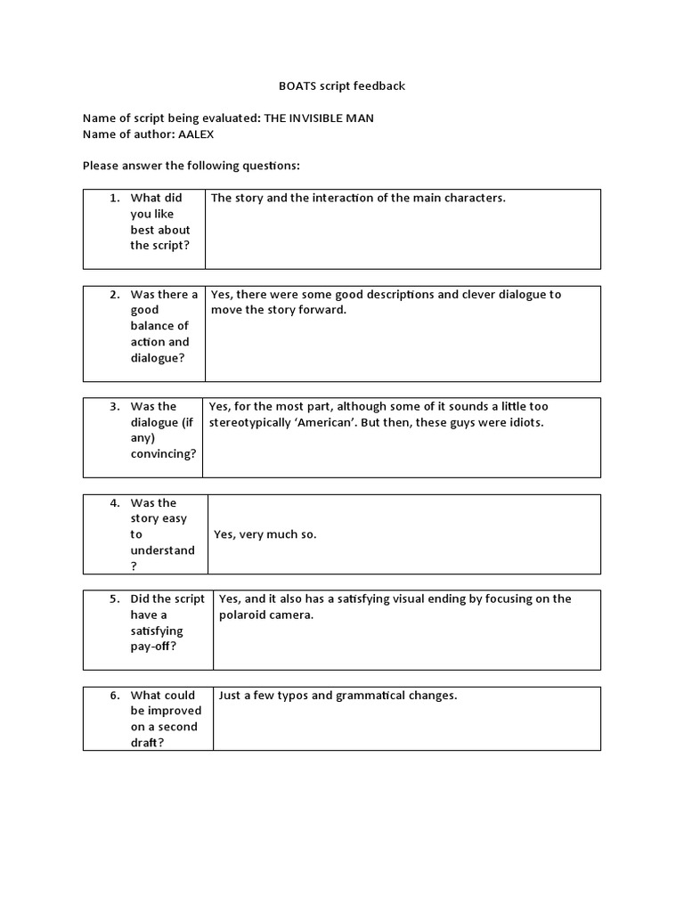 Alex Boats Script Feedback | PDF