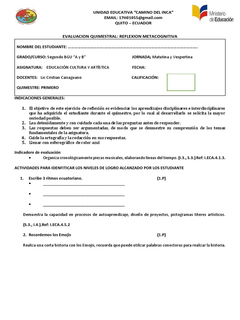 EVALUACION ECA 2do BGU M y V | PDF | Evaluación | Cognición