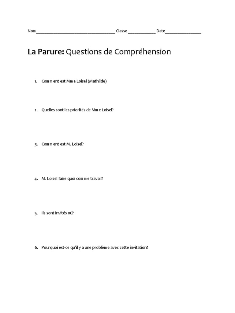 Questionnaire sur "La Parure" 4ème | PDF