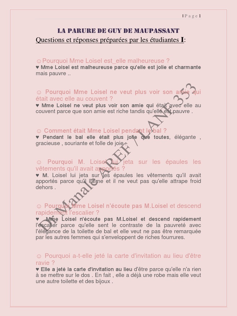Questionnaire corrigé sur "La Parure" | PDF | Mode de vie