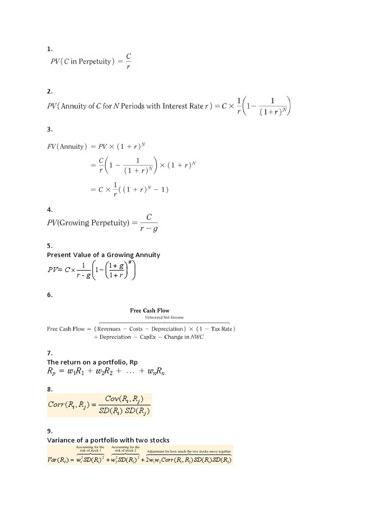 CF Formulae Sheet - Mid-Term Exam | PDF
