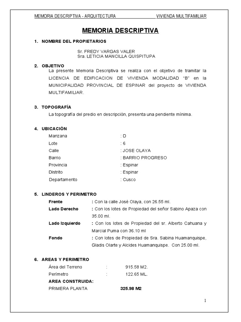 Memoria Descriptiva - Arquitectura | PDF