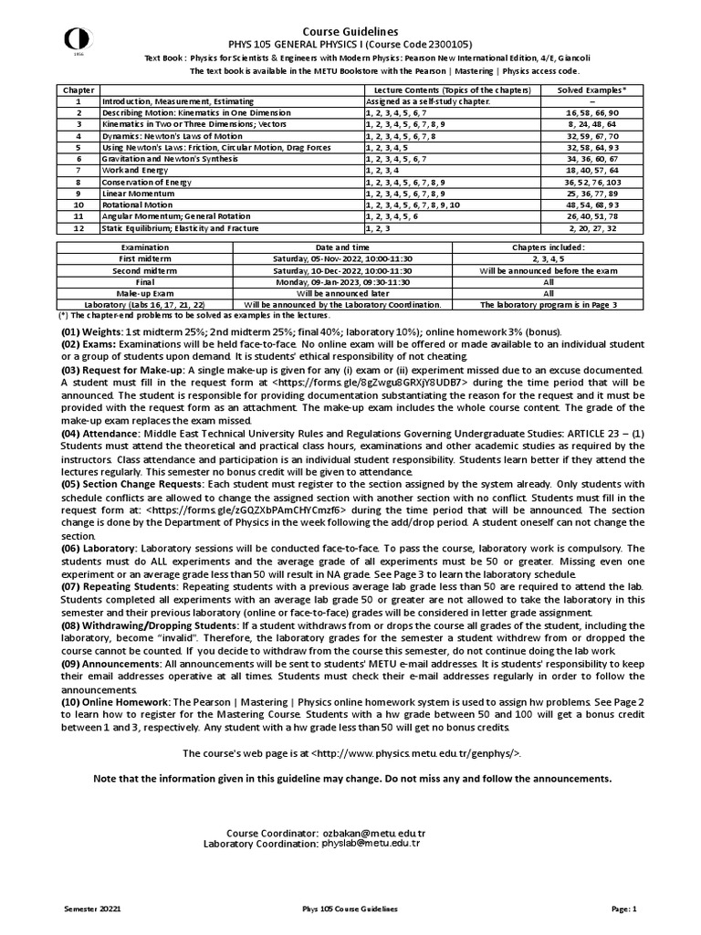 Semester 20221 Phys 105 Course Guidelines | PDF | Physics | Mechanics