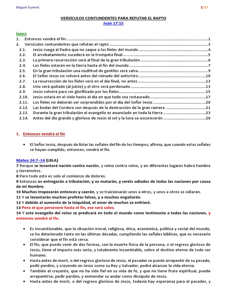 Jua17 - 15 Versículos Contundentes para Refutar El Rapto | PDF ...