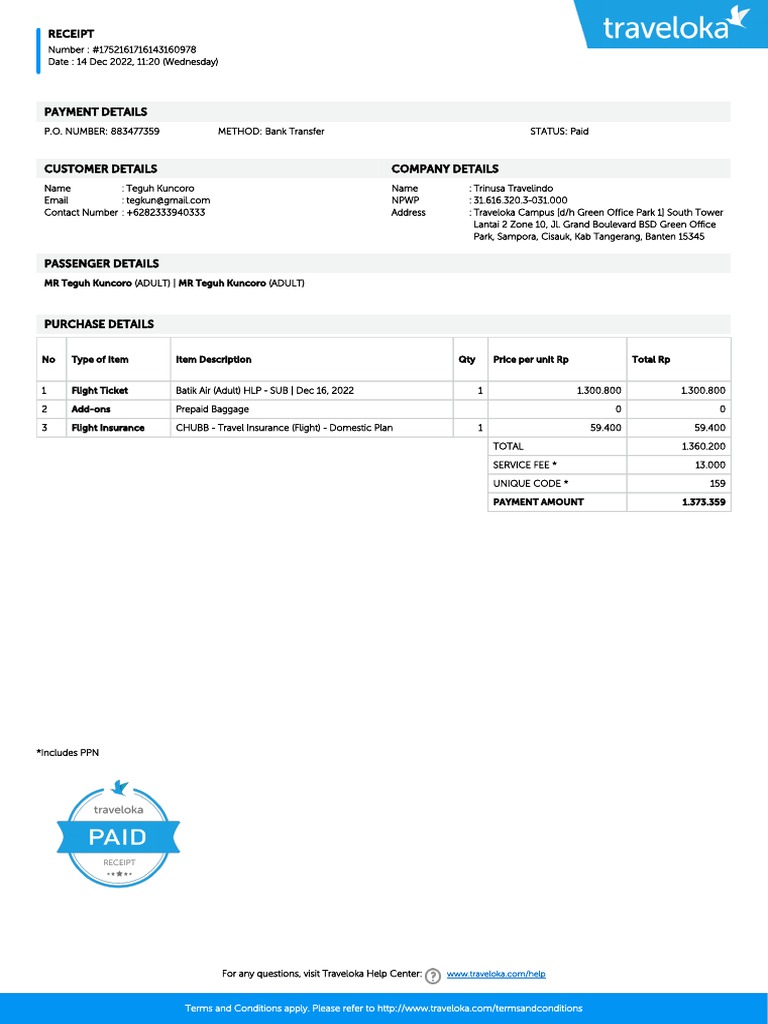 Traveloka Flight Receipt | PDF | Market (Economics) | Payments