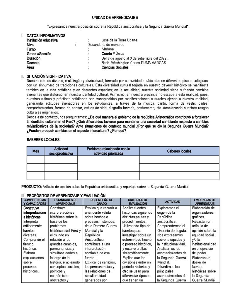 Unidad de Aprendizaje 5 CCSS - 4 2022 | PDF | Aprendizaje | Evaluación