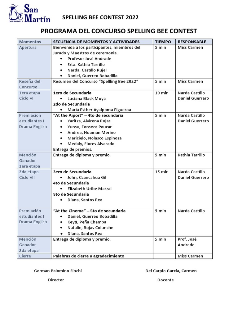 Programa Del Concurso Spelling Bee Contest | PDF