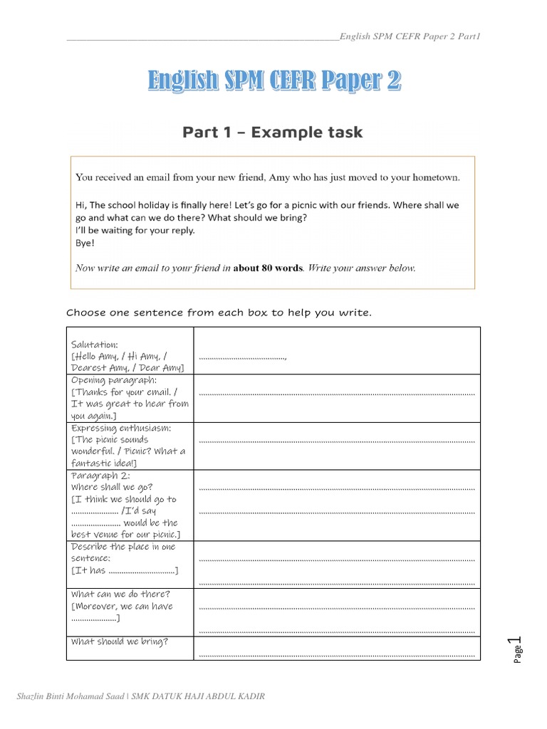 English SPM CEFR Paper 2 Part 1 | PDF