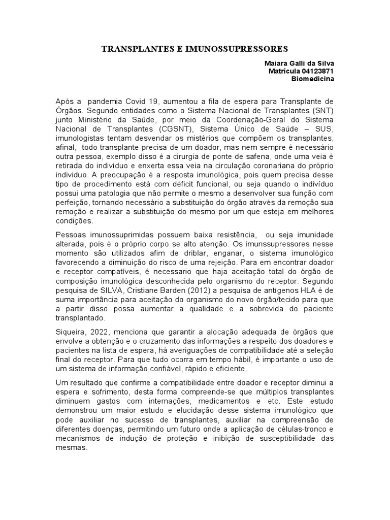 Av1 Imunologia e Patologia | PDF | Transplante de órgãos | Sistema imunológico