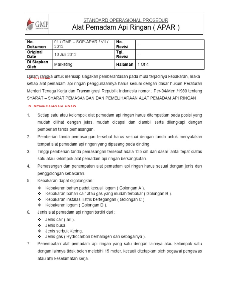 Sop - Pemasangan Dan Pemeliharaan Apar | PDF