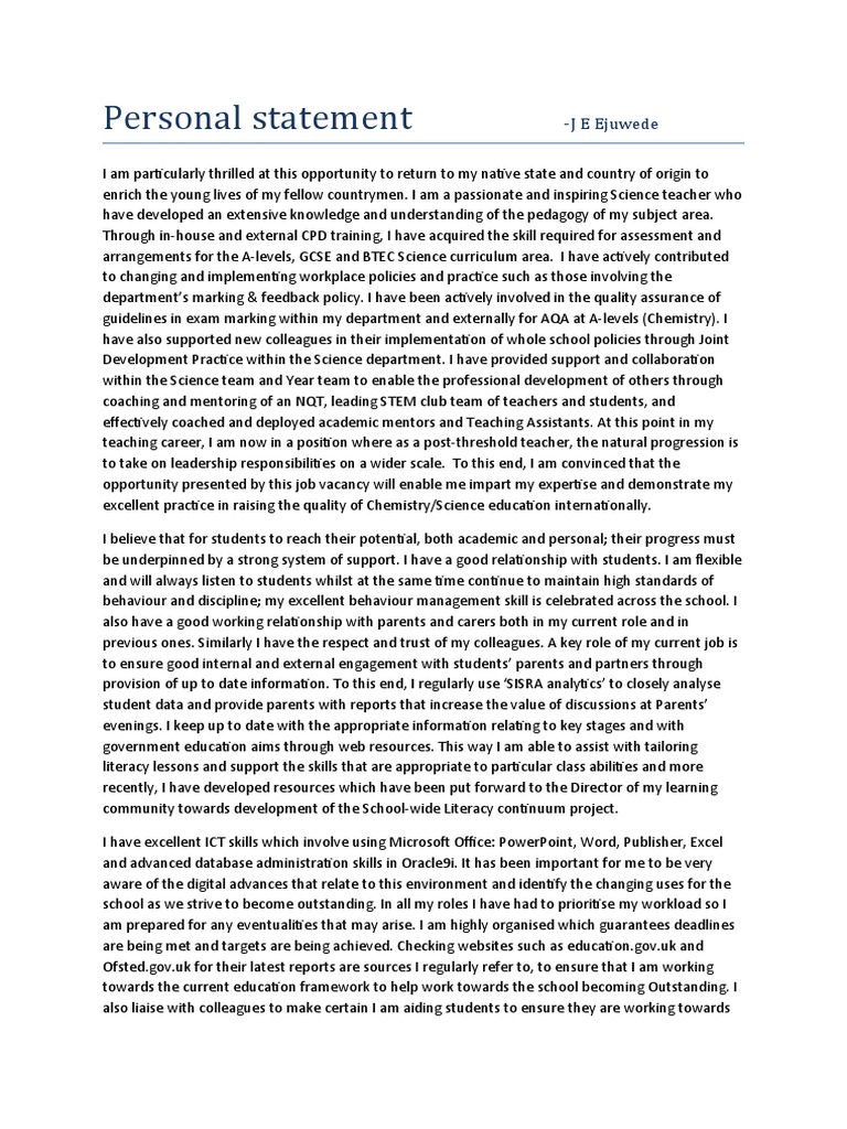 Inspiring Science Teacher's Personal Statement | PDF | Gce Advanced ...
