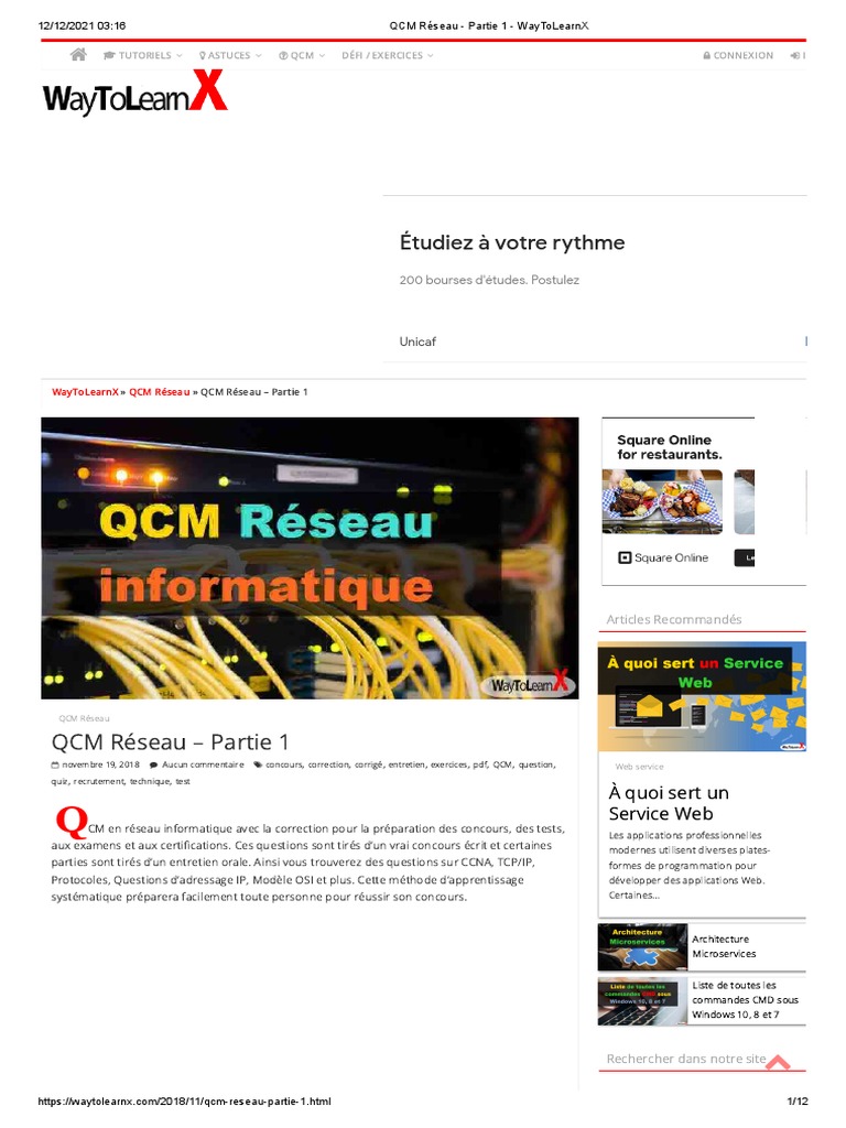 QCM Réseau - Partie 1 - WayToLearnX | PDF | Protocoles Internet | Adresse IP