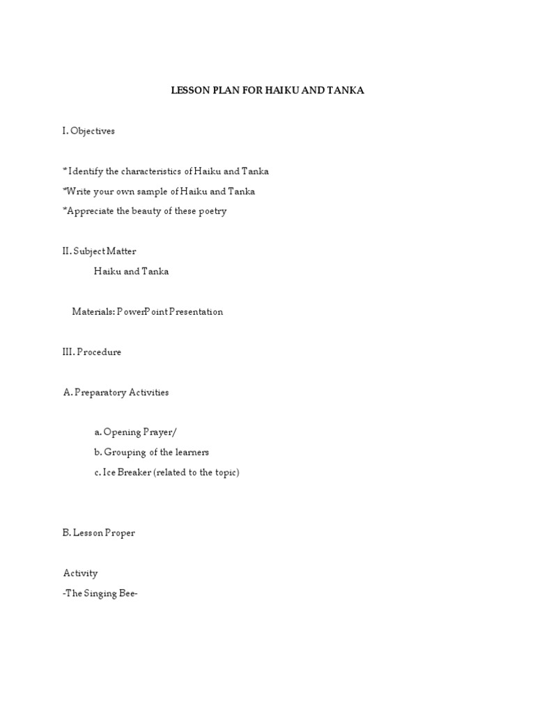 Haiku and Tanka Lesson Plan | PDF | Poetry | Haiku