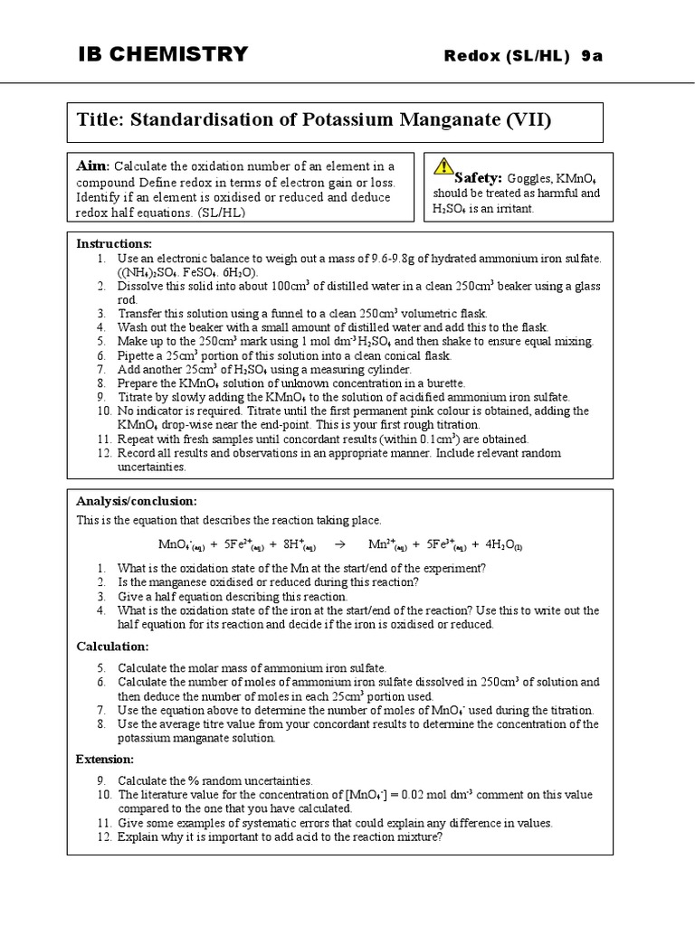 9a Standardisation of Potassium Permanganate | PDF | Titration | Chemistry