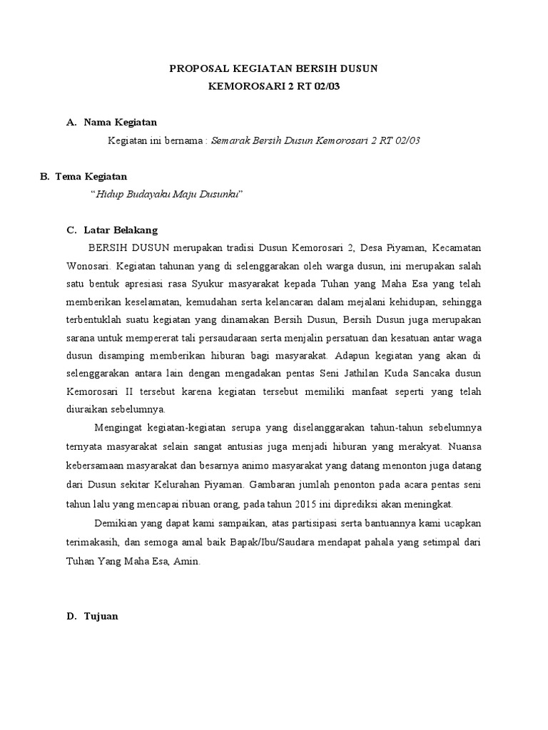 Draf Contoh PROPOSAL KEGIATAN BERSIH DUSUN | PDF