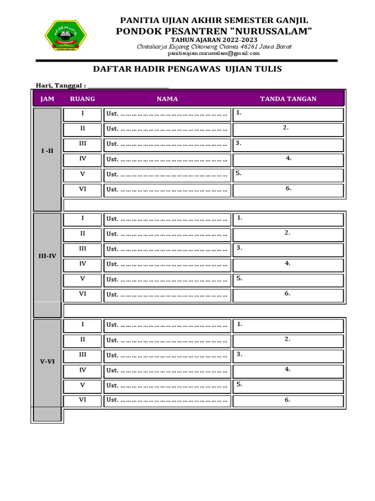 Daftar Hadir Pengawas Ujian Tulis | PDF