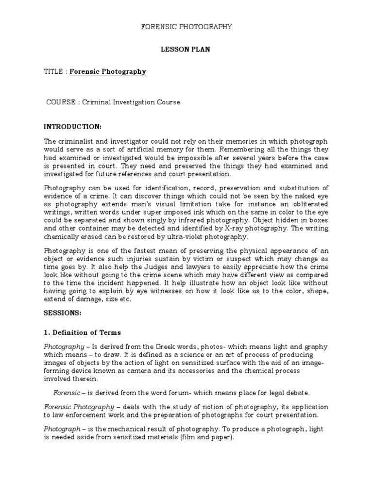 FORENSIC PHOTOGRAPHY With Lesson Plan | PDF | Camera | Camera Lens