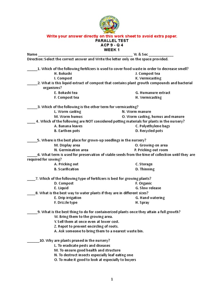 Prallel Practice Task ACP 9 Q4 WK 1 3 | PDF | Compost | Plants