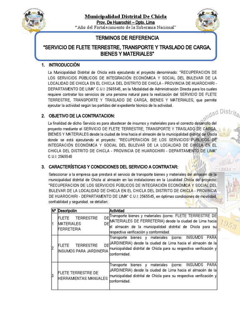 TDR Servicio de Flete Terrestre Materiales | PDF | Estado (política) | Economias
