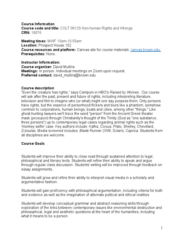 Non-Human Rights and Wrongs Syllabus | PDF | Thought