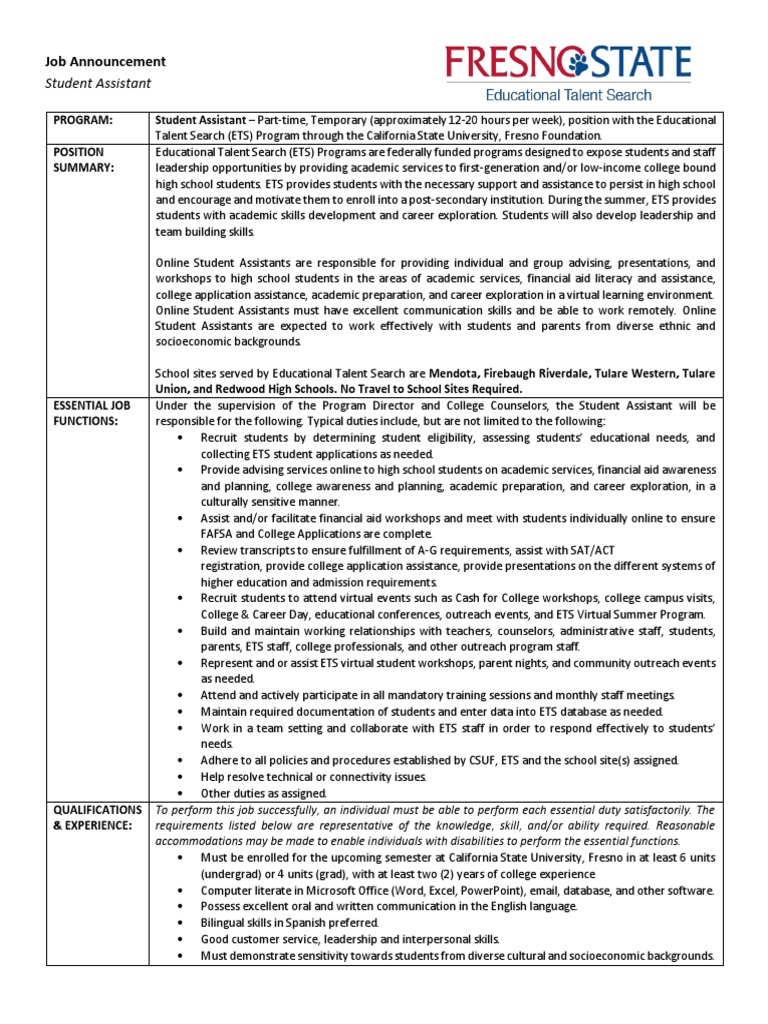 Ets Student Assistant Job Description 1 | PDF | Student Financial Aid ...